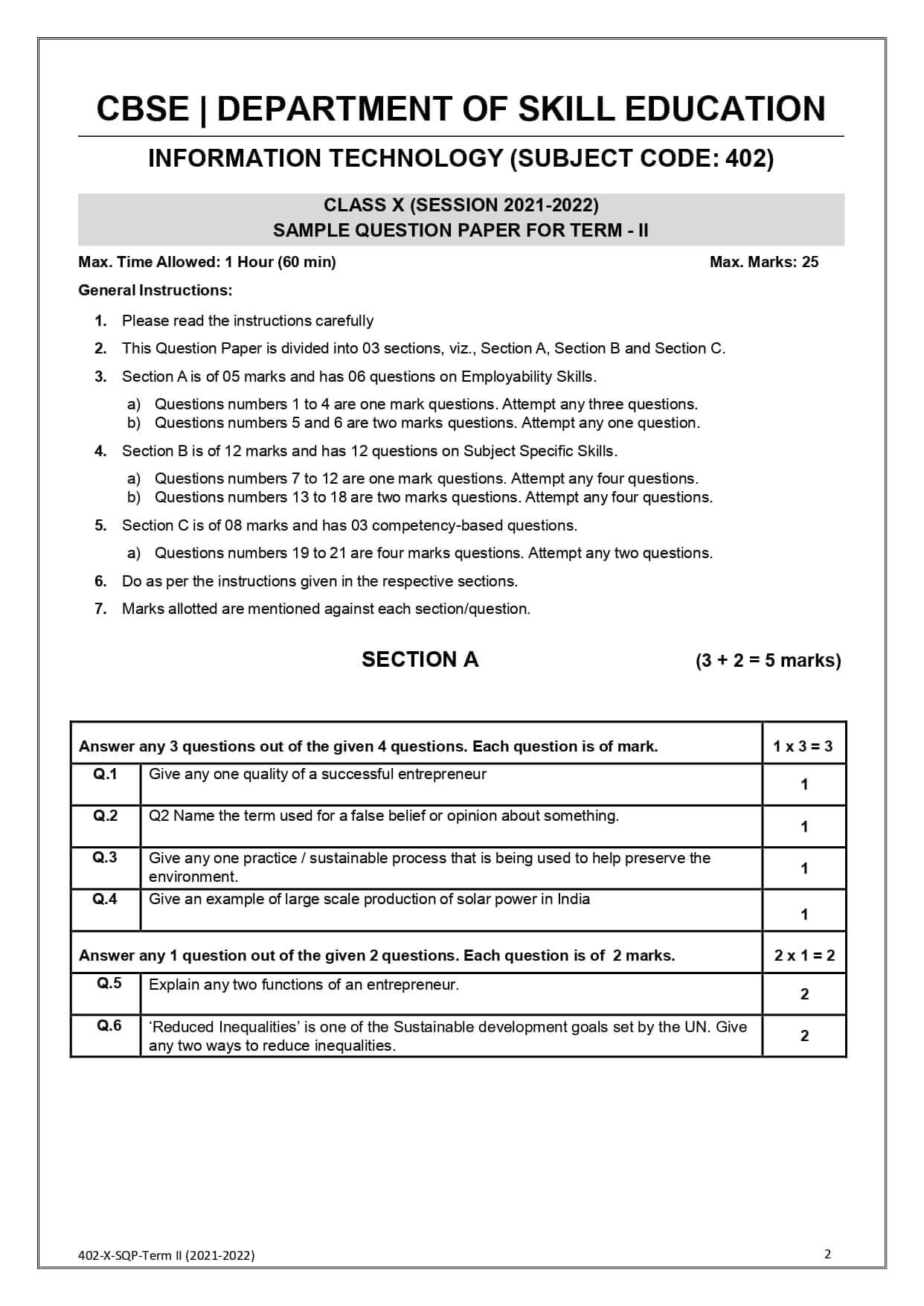 Information Technology code 402 class 10 sample paper 2021-22 [TERM 2 ...