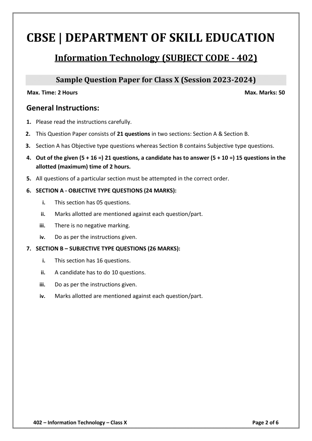 Class 10 IT Sample Paper 2023-24 code 402 PDF | IT 402 Class 10 Sample ...