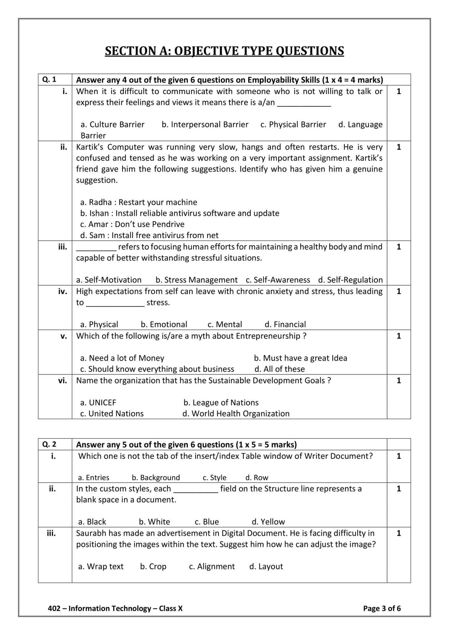 Class 10 IT Sample Paper 2023-24 code 402 PDF | IT 402 Class 10 Sample ...