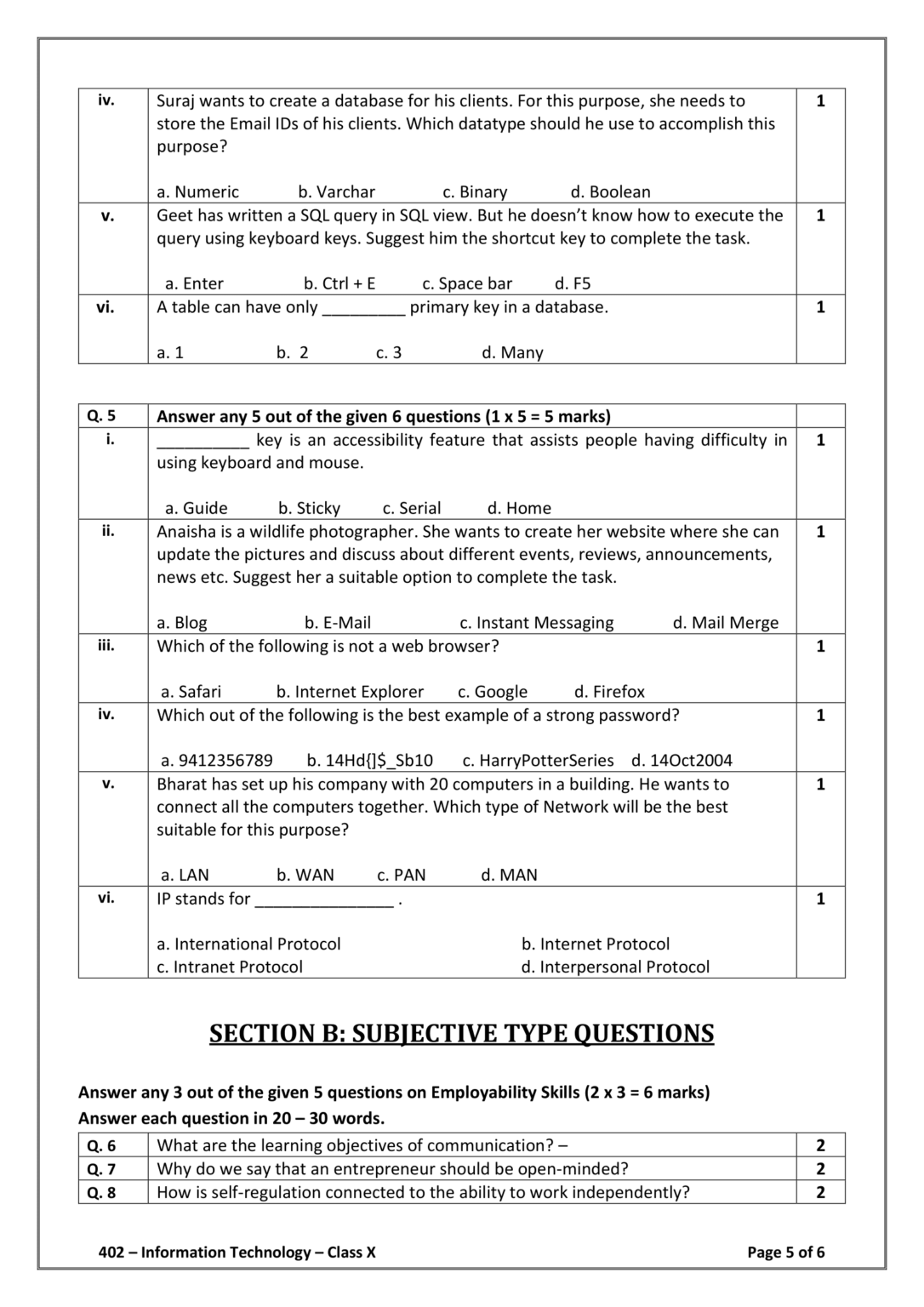 Class 10 IT Sample Paper 2023-24 code 402 PDF | IT 402 Class 10 Sample ...