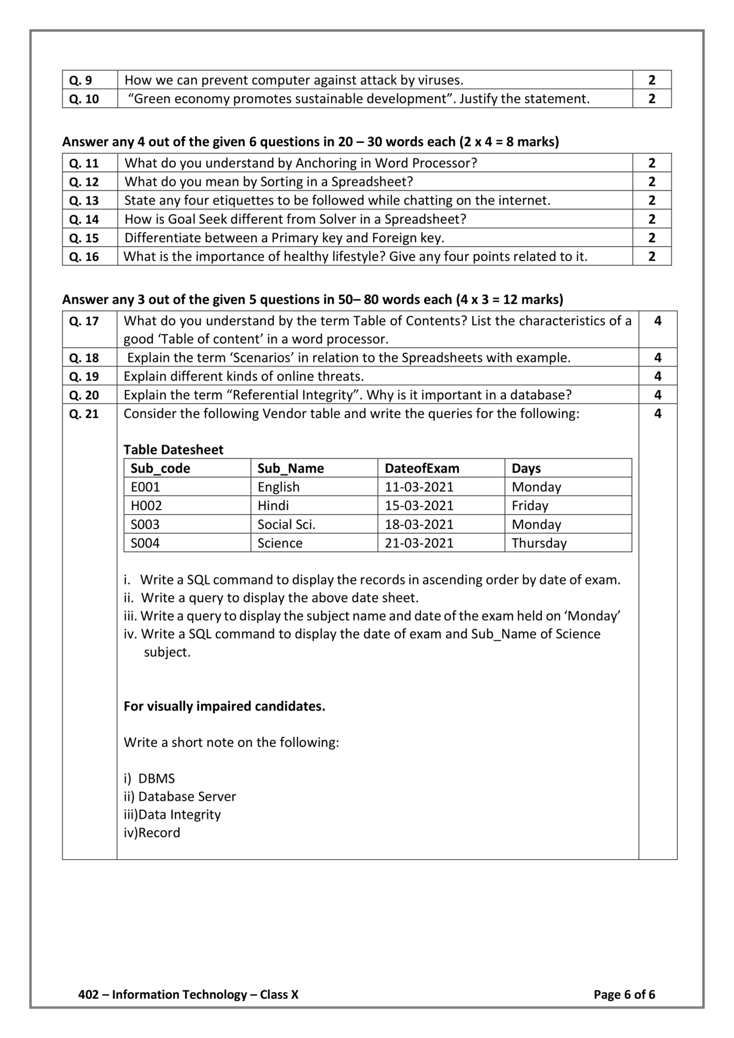 Class 10 IT Sample Paper 2023-24 code 402 PDF | IT 402 Class 10 Sample ...