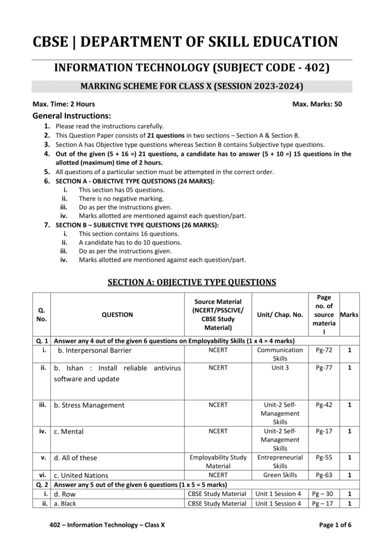Class 10 IT Sample Paper 2023-24 code 402 PDF | IT 402 Class 10 Sample Paper PDF 2023-24 ...